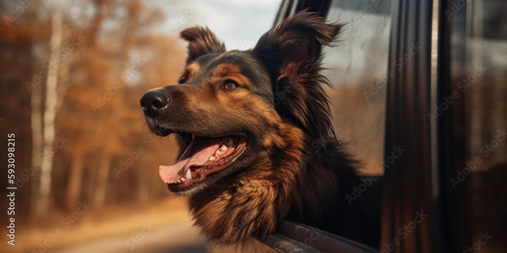 Happy dog looks out the window of a moving car, created with Generative ...
