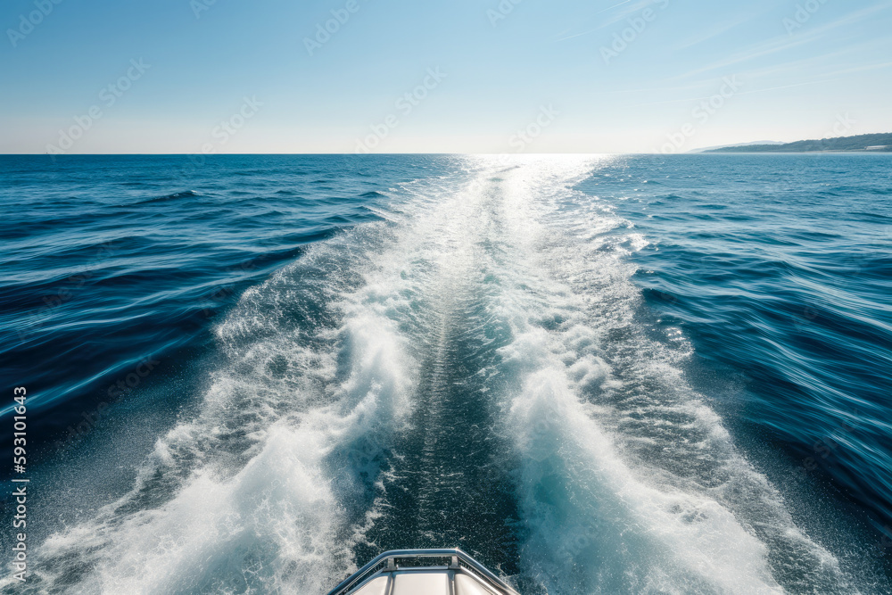 Water trail (rooster tail) of a yacht at full throttle. View of the sea ...