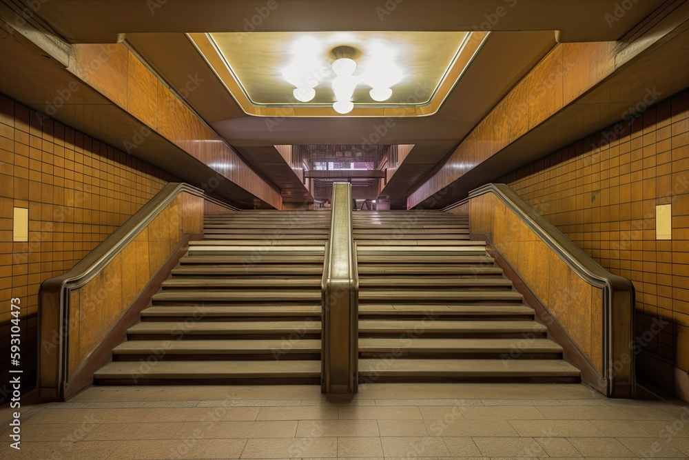 Unoccupied stairs in a contemporary subway structure with an escalator ...