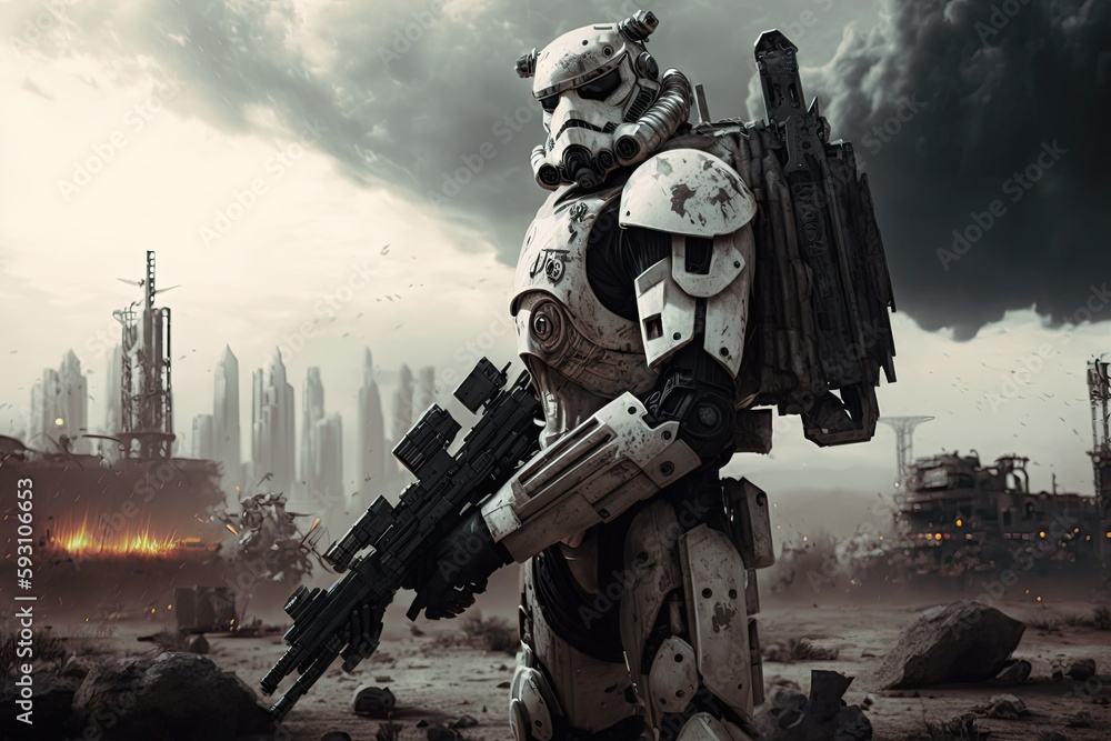 A sci fi mech is shown in an illustration of an action scene holding an ...