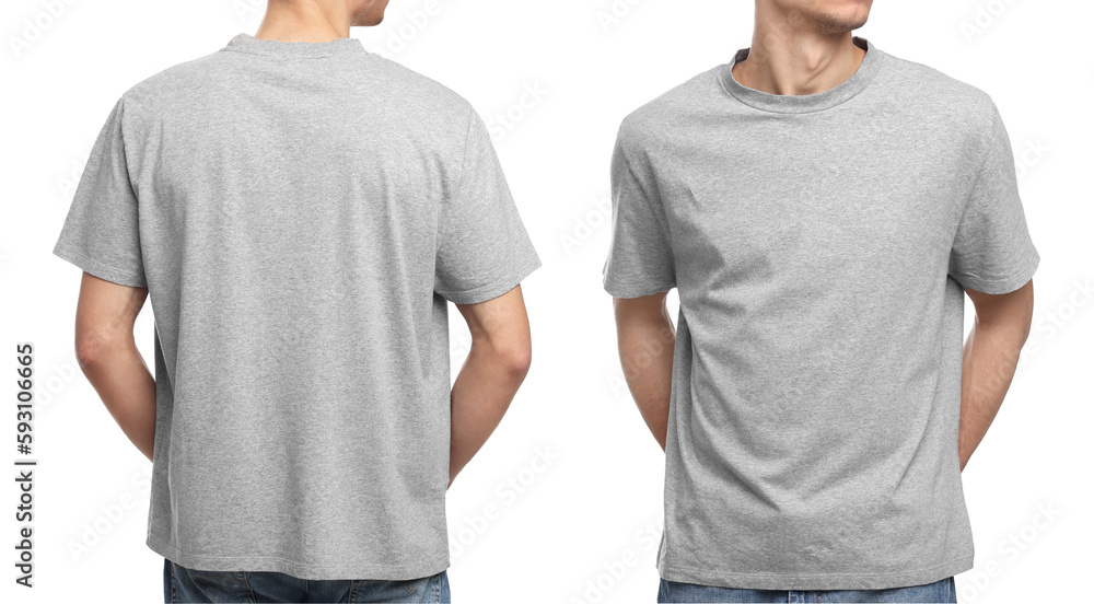 Collage with photos of man in grey t-shirt on white background, closeup ...