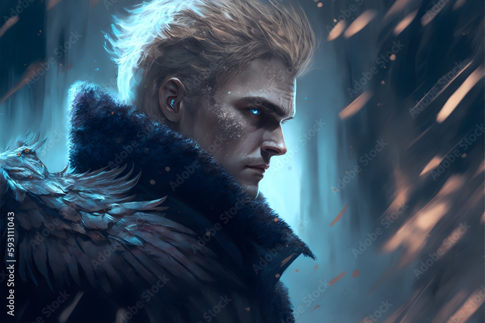 ominous man with blonde hair wearing a peacock in the freezing winter ...