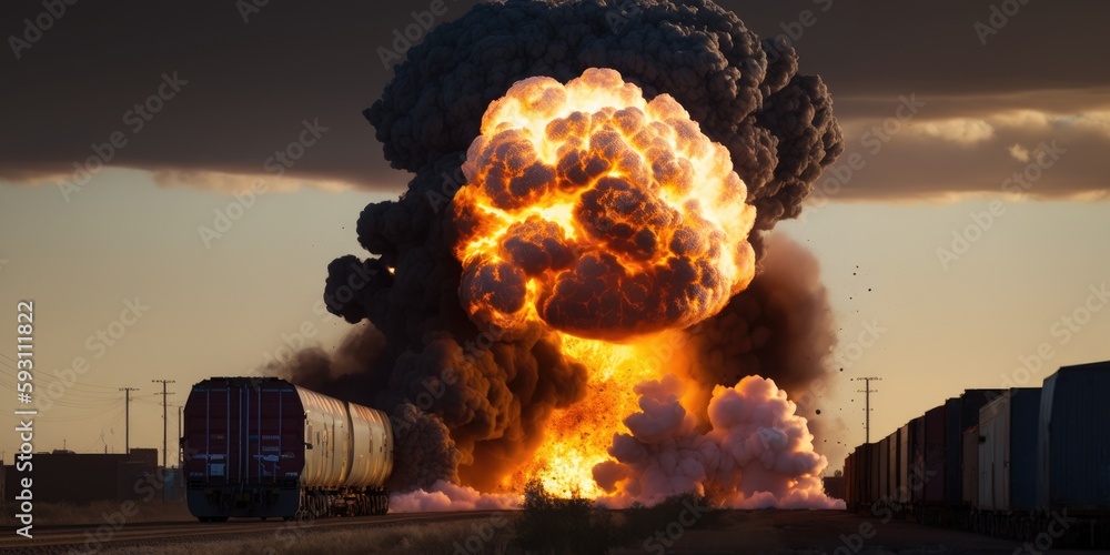 Fireball explosion at a factory fire as seen from behind shipping ...