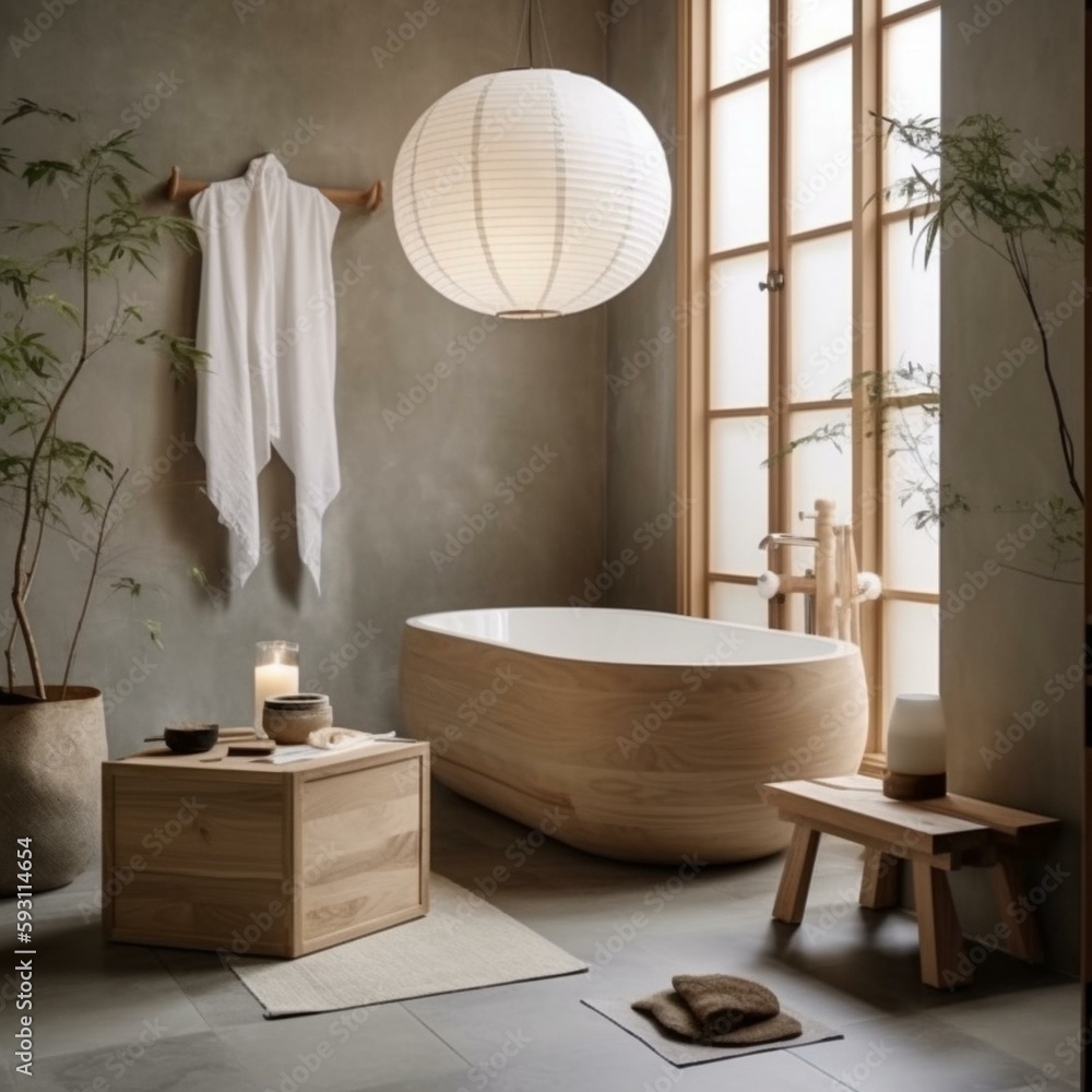 A relaxing Paper and Wood Zen Bathroom with a Japanese inspired wooden ...