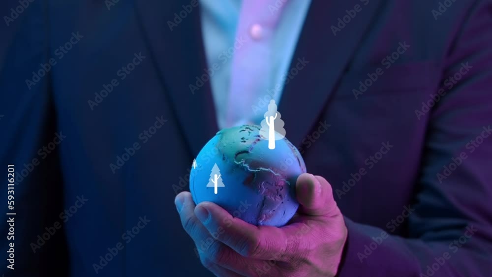 Businessman showing planet earth global with virtual tree icons. Net ...