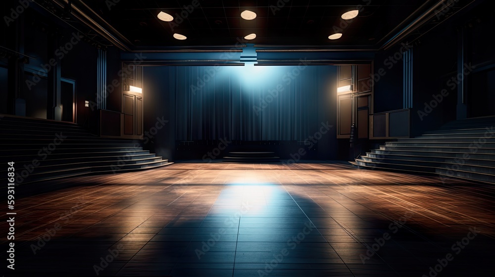 Empty theater stage, large spacious open plan interior with various ...