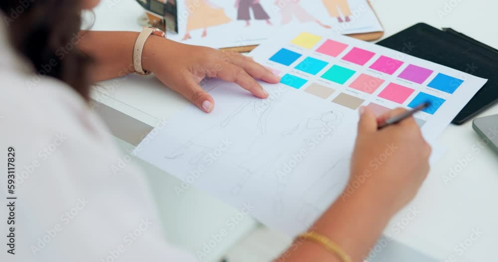 Creative business woman, hands and writing with color palette in ...