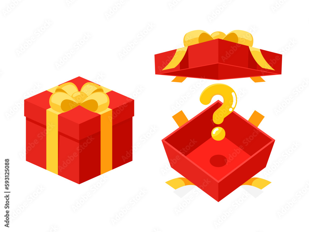 Open and close a mystery Red gift box with a yellow ribbon on isolated ...