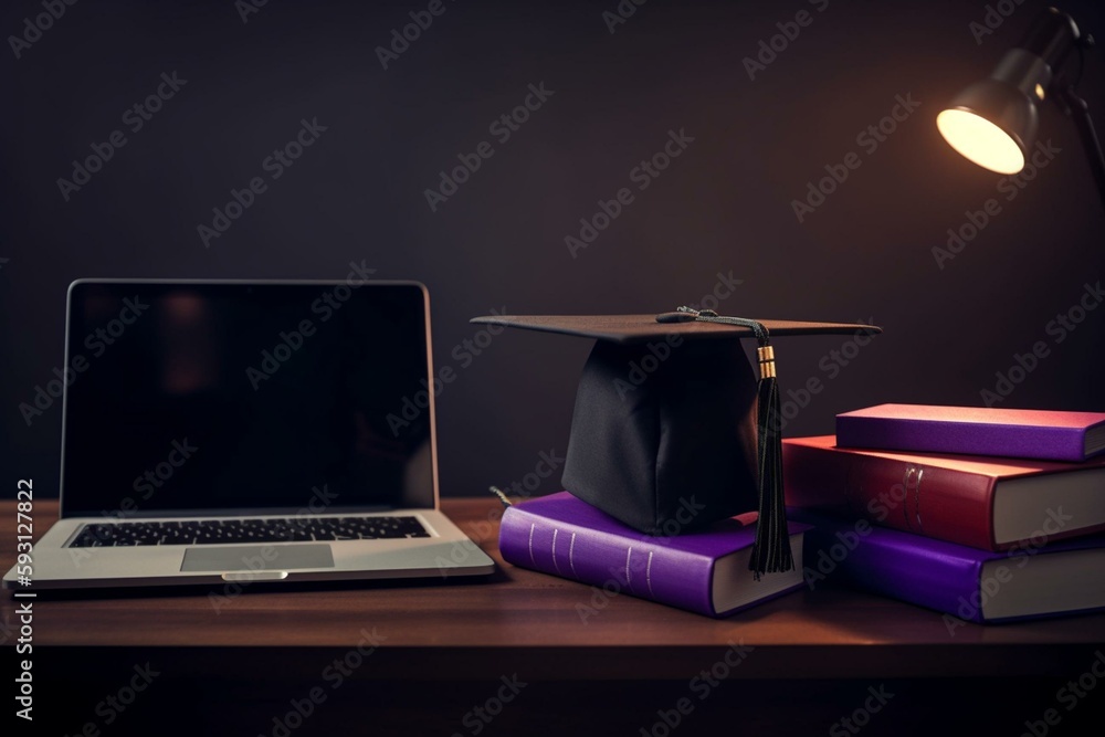 Pc computer and books, graduation cap on purple background. Mockup ...