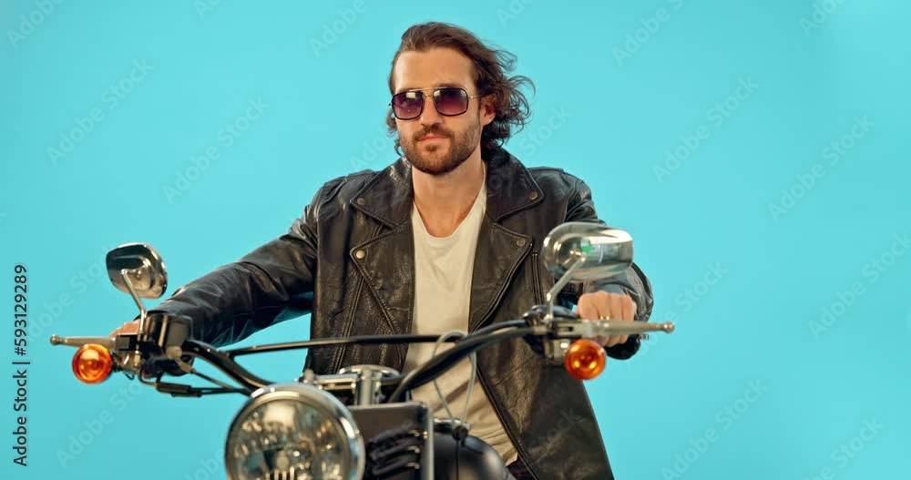 Motorbike, fashion and man in studio on blue background for road trip ...