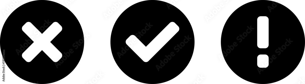 Black and White Yes or OK and No or Declined and Problem or Warning Flat Icon Set with Check ...