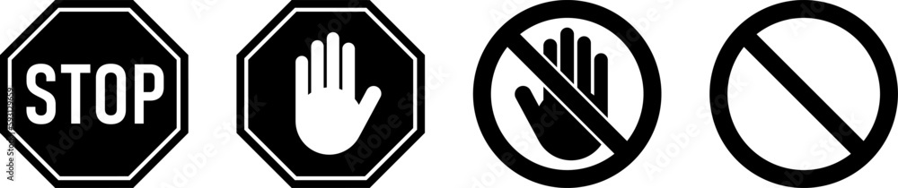 Icon Set of Black and White Stop Sign and Stop Hand Adblock Octagonal ...