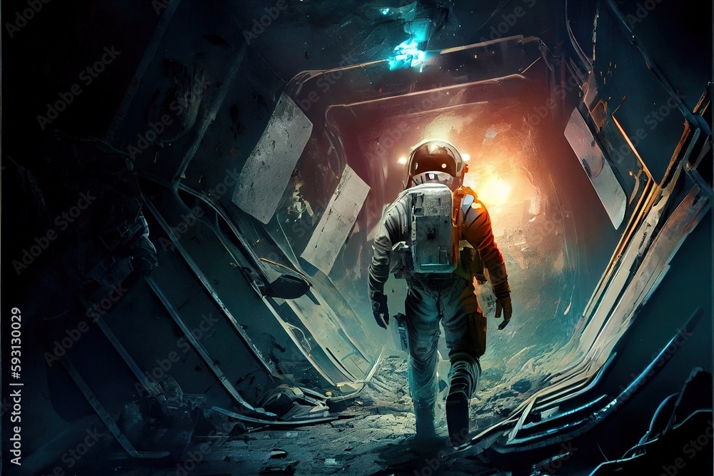 Zero G emergency space evacuation concept, astronaut floating and ...