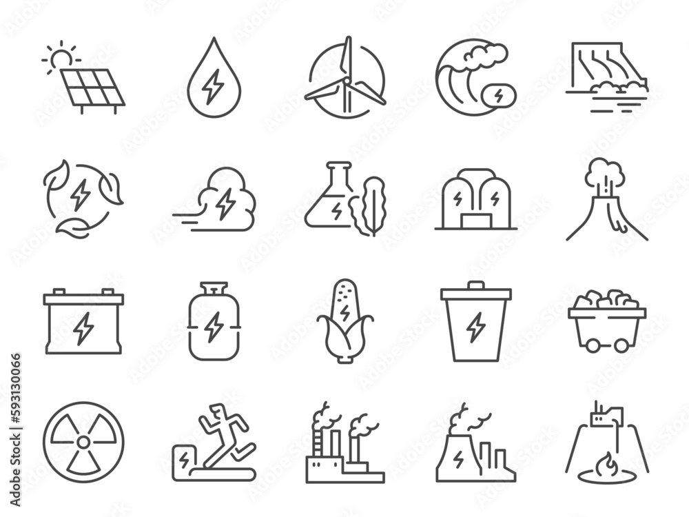 Energy types icon set. It included solar power, wind energy, coal, gas ...