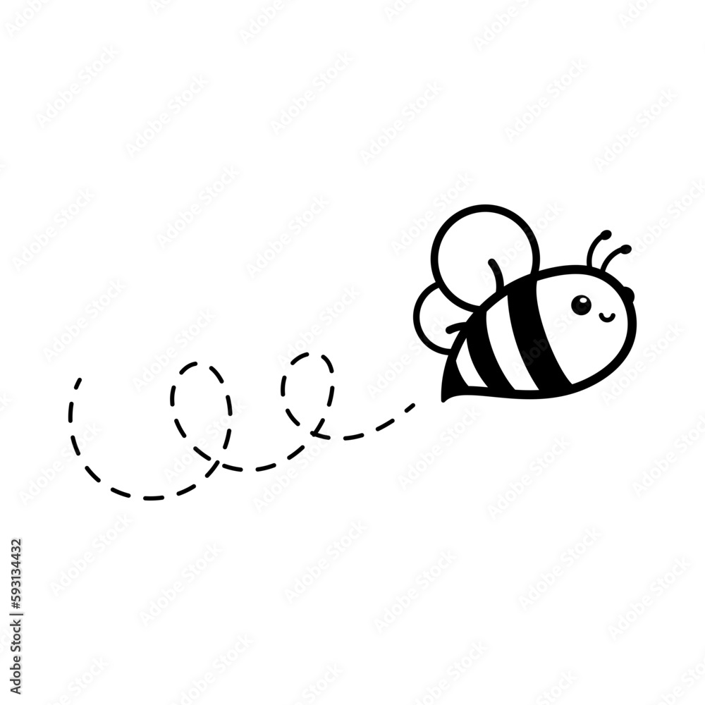 cartoon cute little bee flying on the dotted line to find sweet honey ...