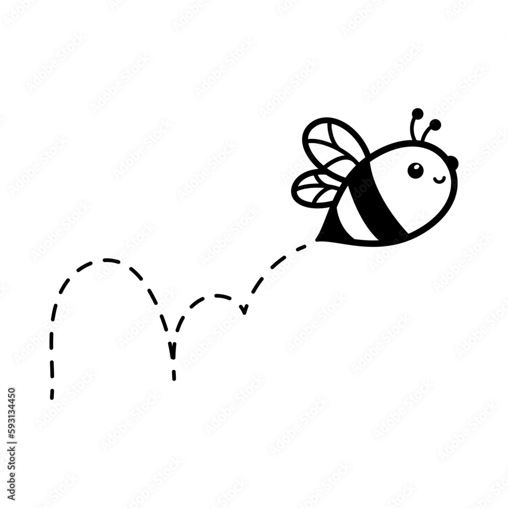 cartoon cute little bee flying on the dotted line to find sweet honey ...