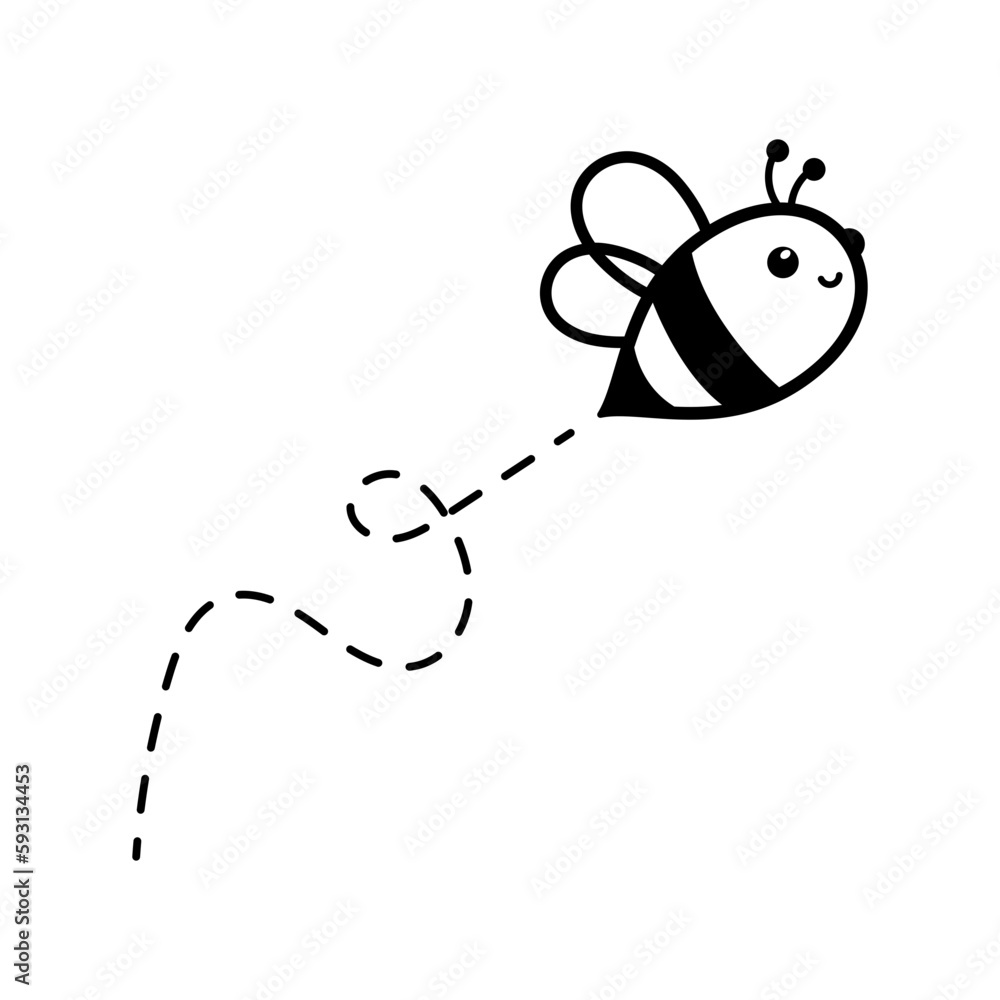 cartoon cute little bee flying on the dotted line to find sweet honey ...