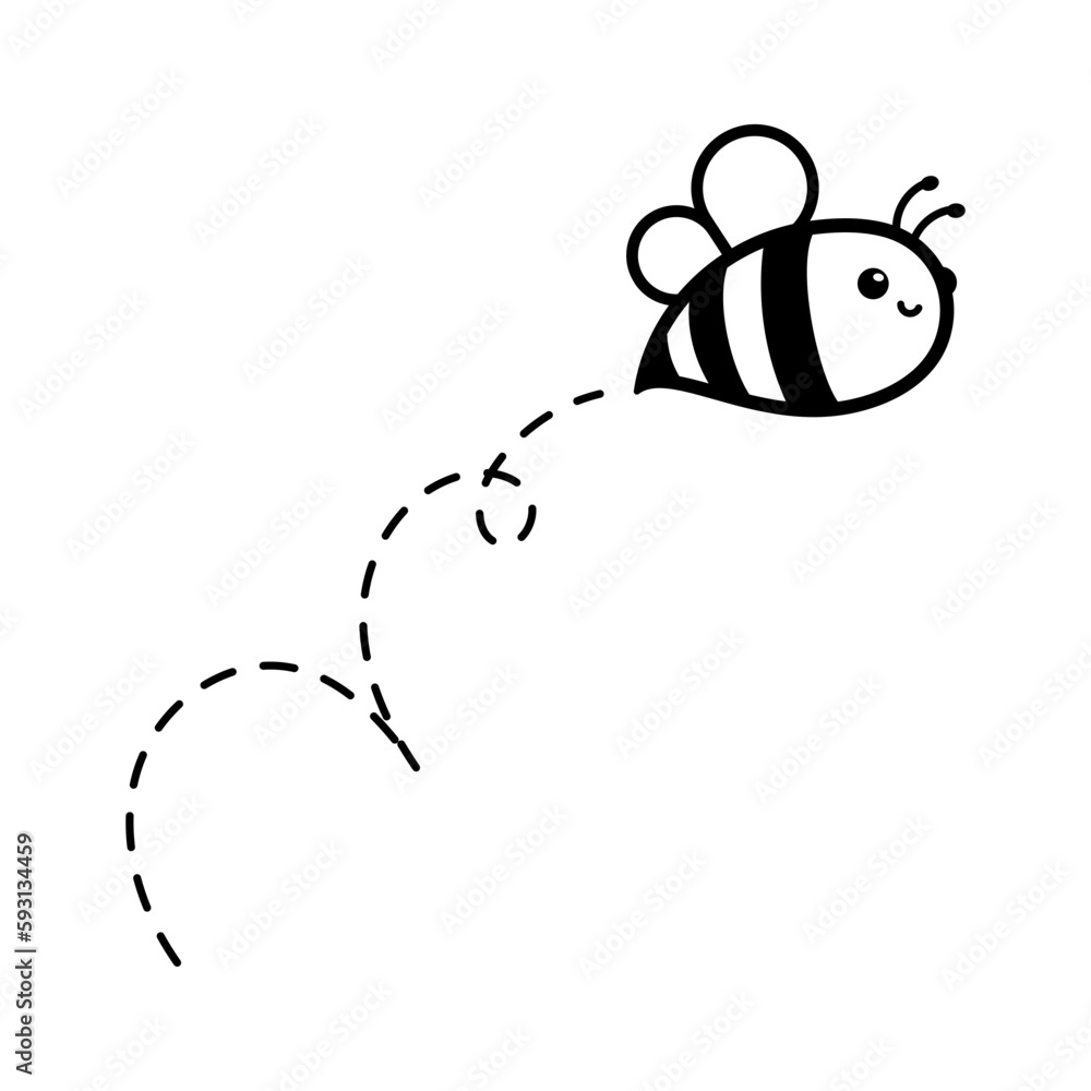 cartoon cute little bee flying on the dotted line to find sweet honey ...