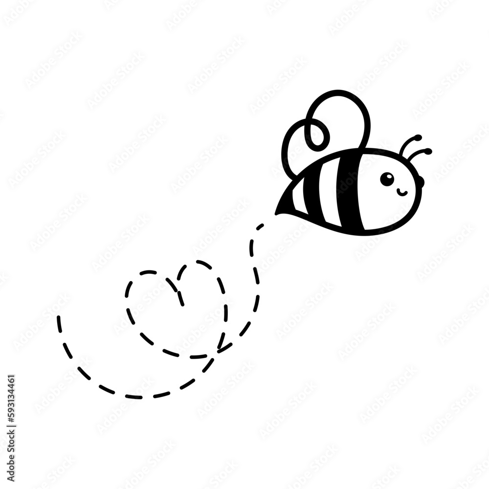 cartoon cute little bee flying on the dotted line to find sweet honey ...