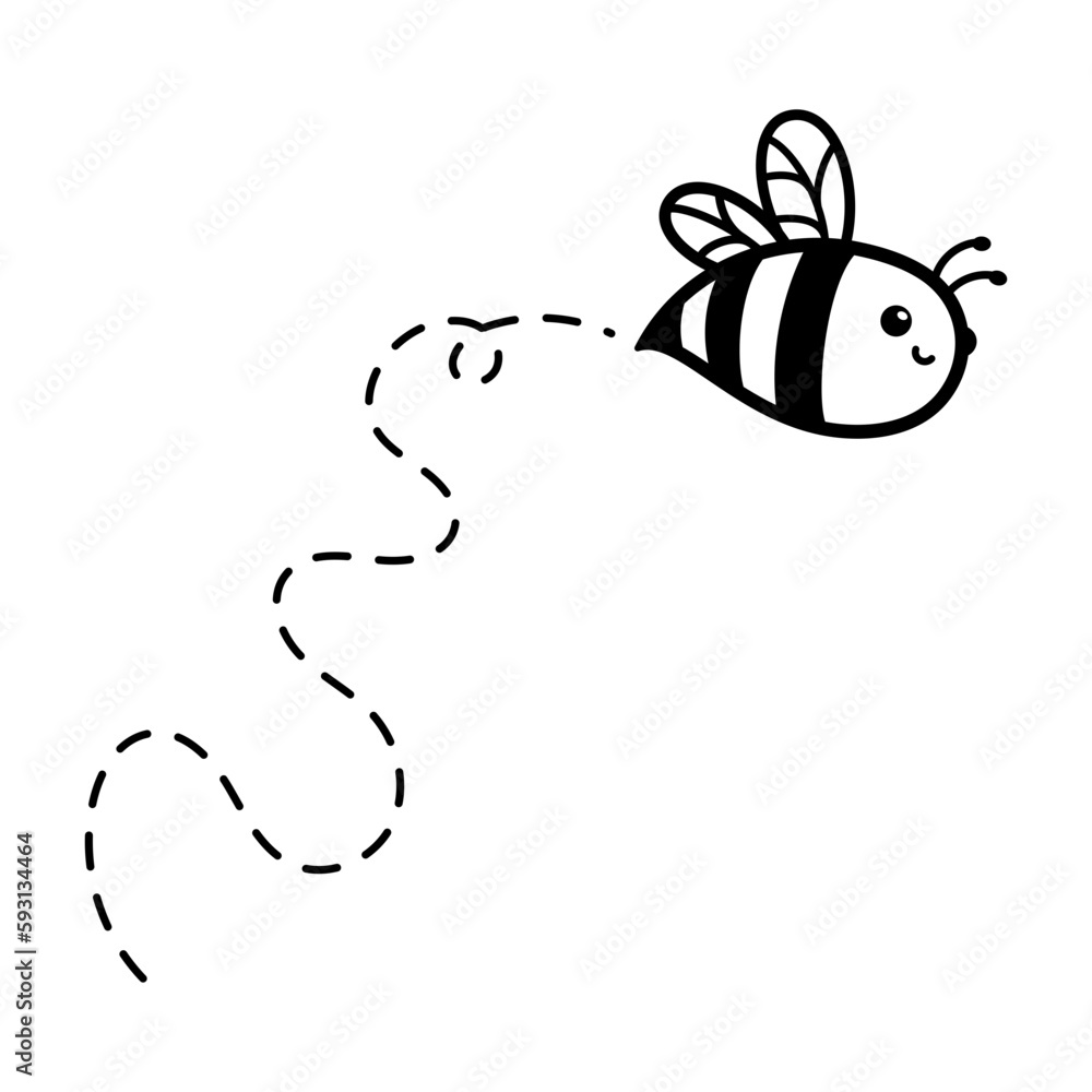 cartoon cute little bee flying on the dotted line to find sweet honey ...