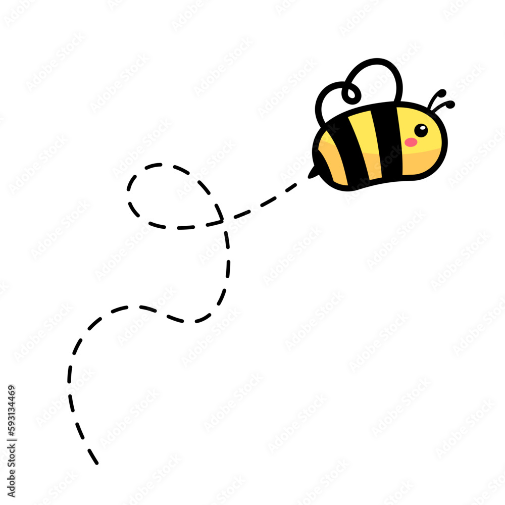 cartoon cute little bee flying on the dotted line to find sweet honey ...