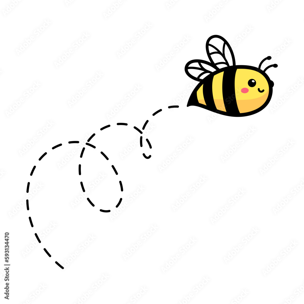 cartoon cute little bee flying on the dotted line to find sweet honey ...