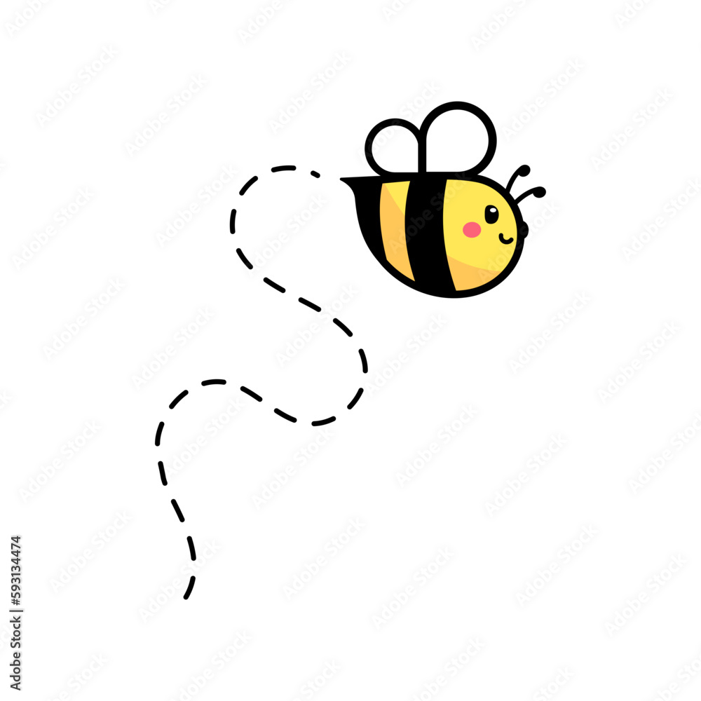 cartoon cute little bee flying on the dotted line to find sweet honey ...