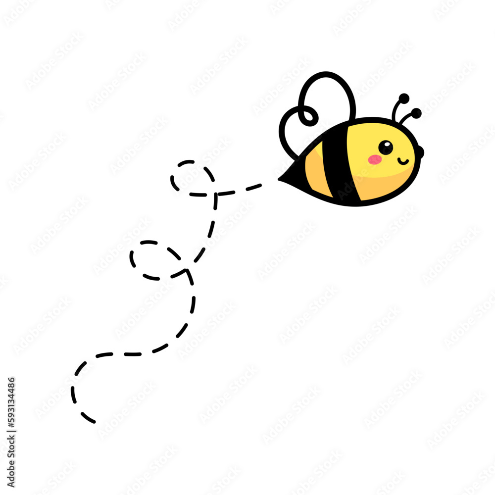 cartoon cute little bee flying on the dotted line to find sweet honey ...