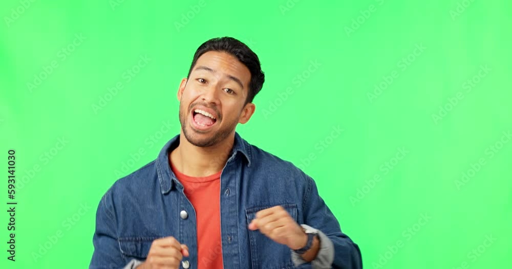 Happiness, dance and man face in green screen excited with music and ...