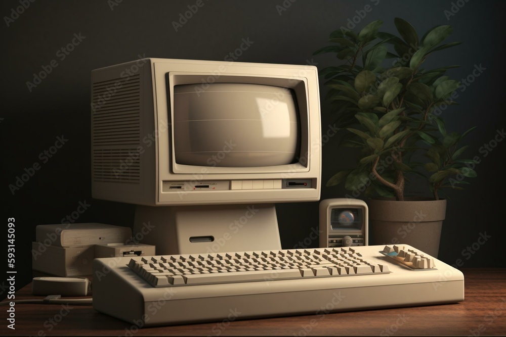 Retro 1980's style beige desktop computer and built in screen and ...