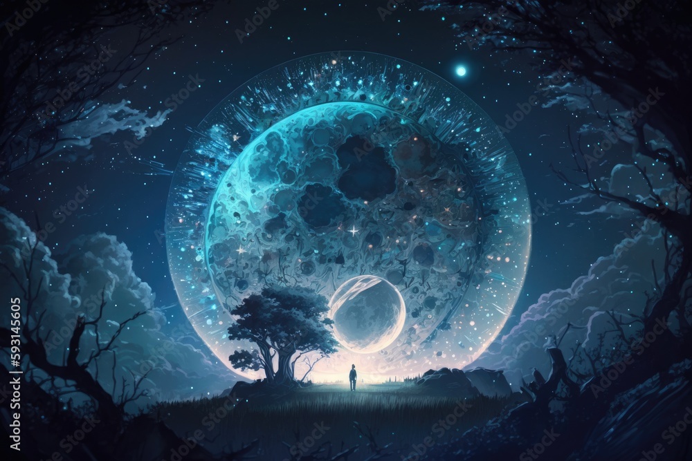 Sky filled with stars and a full, large moon. Fanciful Background ...