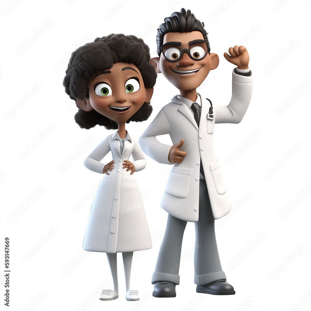 3D cartoon character cute happy multi ethnic couple doctor and nurse ...