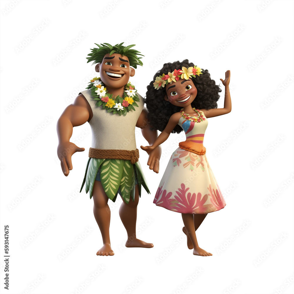 3D cartoon character cute Happy couple having fun in Hawaiian clothing ...
