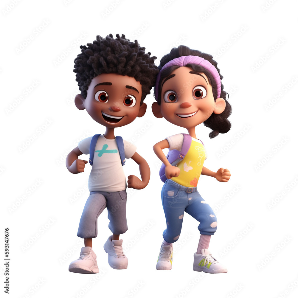 3D cartoon character cute happy couple multi ethnic boy and girl have ...