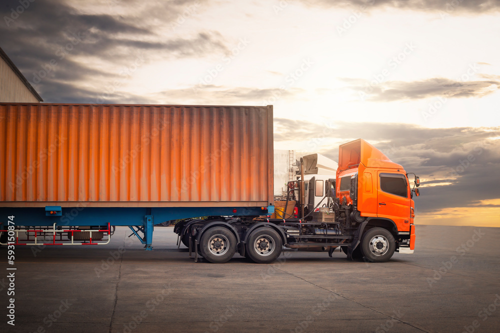 Semi Trailer Trucks on The Parking Lot with The Sunset. Trucks Loading ...