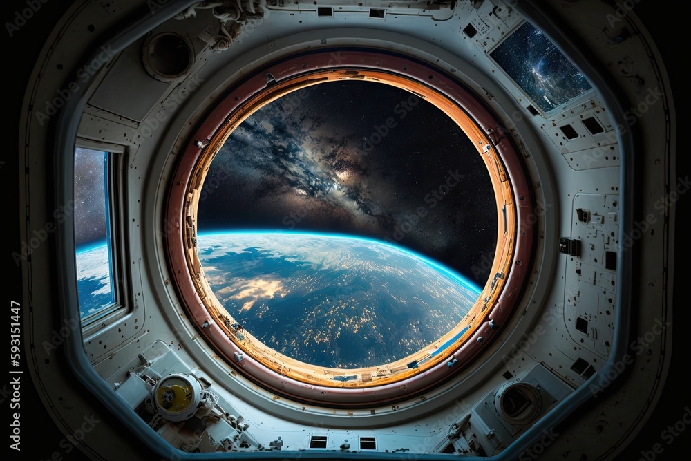 Space station window view of the universe, with parts of this image ...