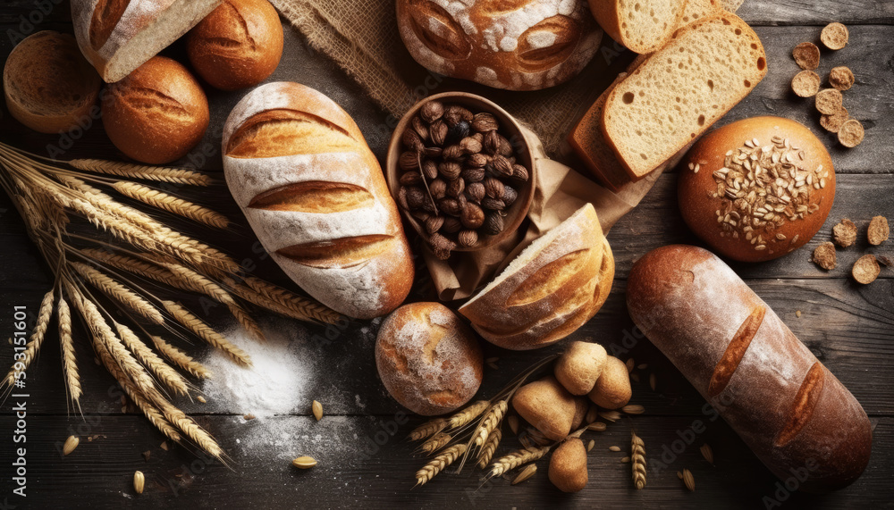 Various of breads on the wooden table background. Food and bakery ...