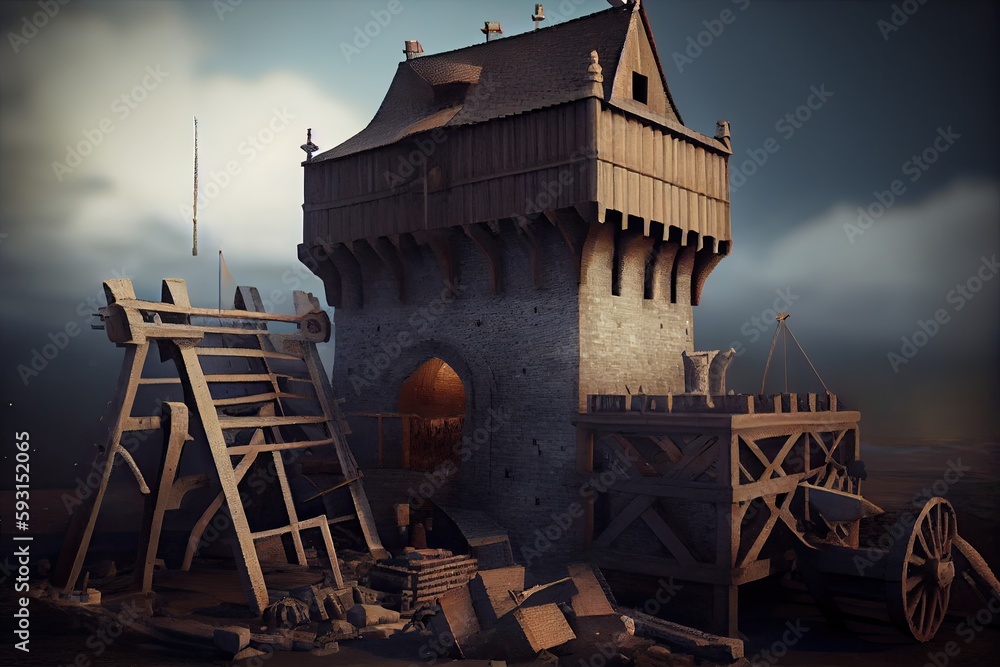 storming a medieval fortress with catapults and trebuchets, created ...