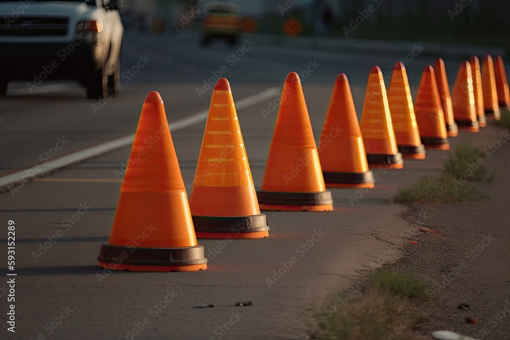 five traffic cones in a row, creating safe and visible pathway, created ...