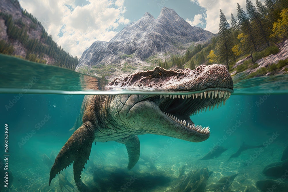 tyrannosaurus rex swimming in crystal-clear lake, created with ...