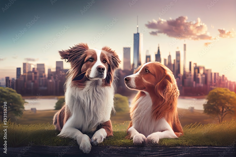 two cute dogs playing in park, with view of the city skyline in the ...