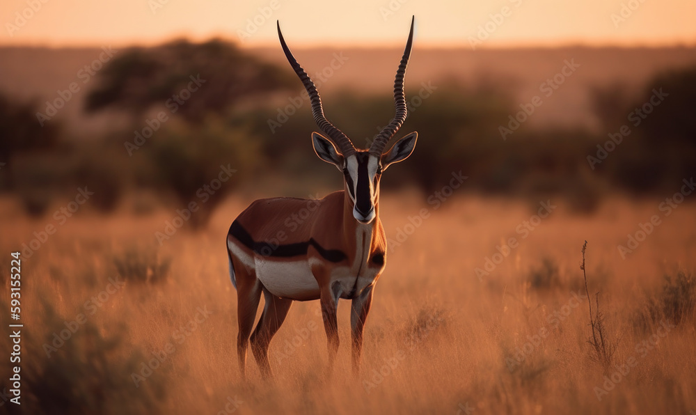 Blesbok standing in a vast savanna, its striking chestnut-brown coat ...