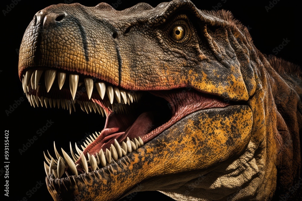 close-up of tyrannosaurus rex dinosaur's long and deadly teeth, created ...