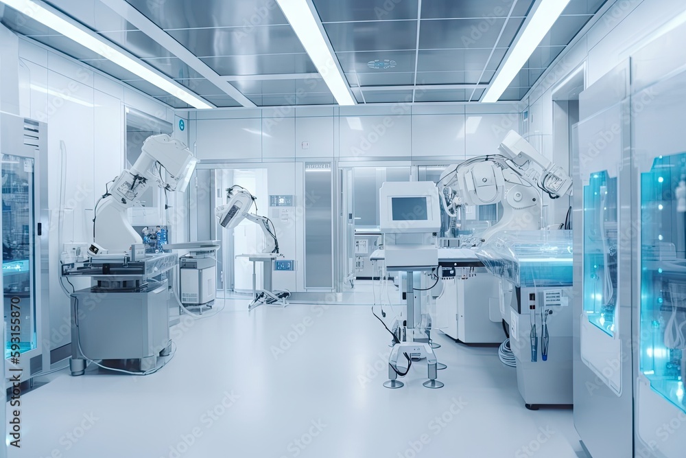 cleanroom with robotic arms and interchangeable tools, performing ...