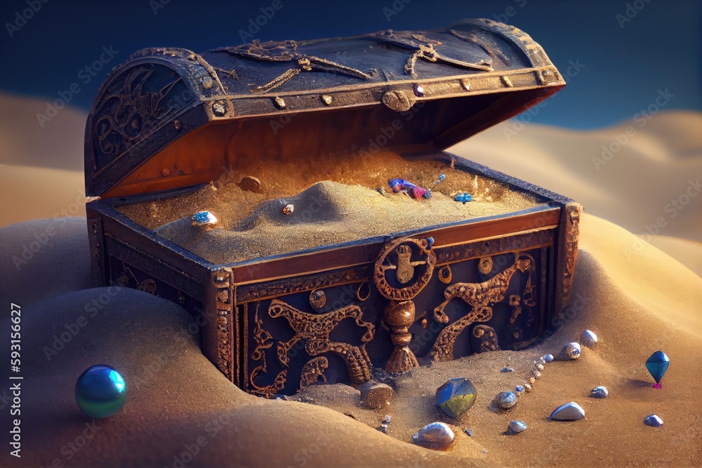 treasure chest buried in the sand, with a glimpse of sparkling jewels ...