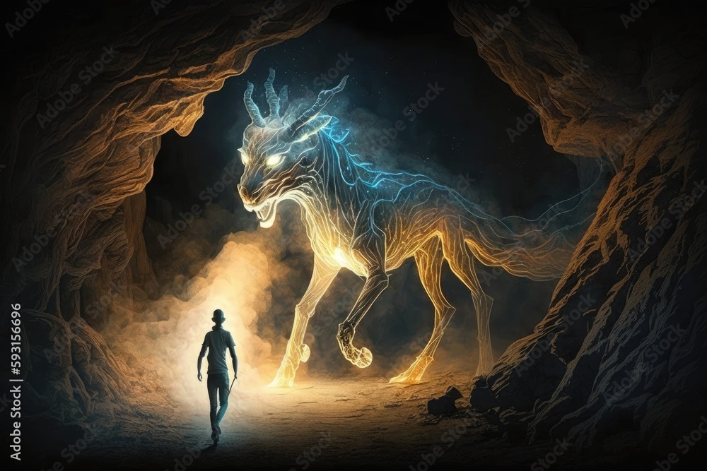 mystical species with glowing body and creature walking in air, created ...