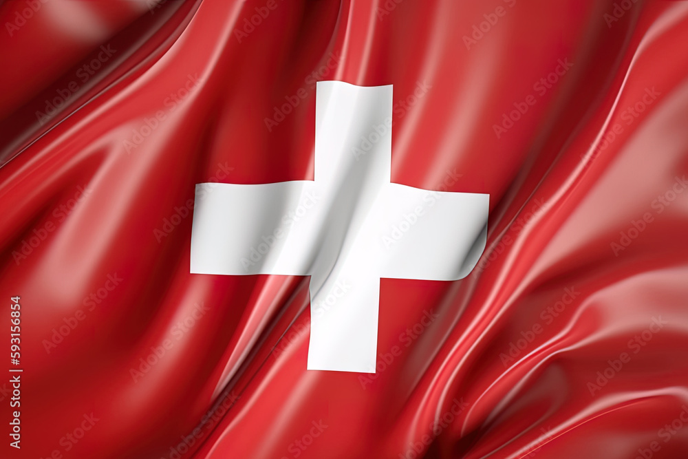 Red and white cross background, waving the national flag of Switzerland ...