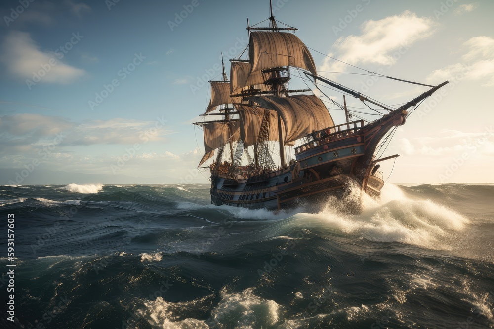 pirate ship breaching, on the open sea, with waves crashing against its ...