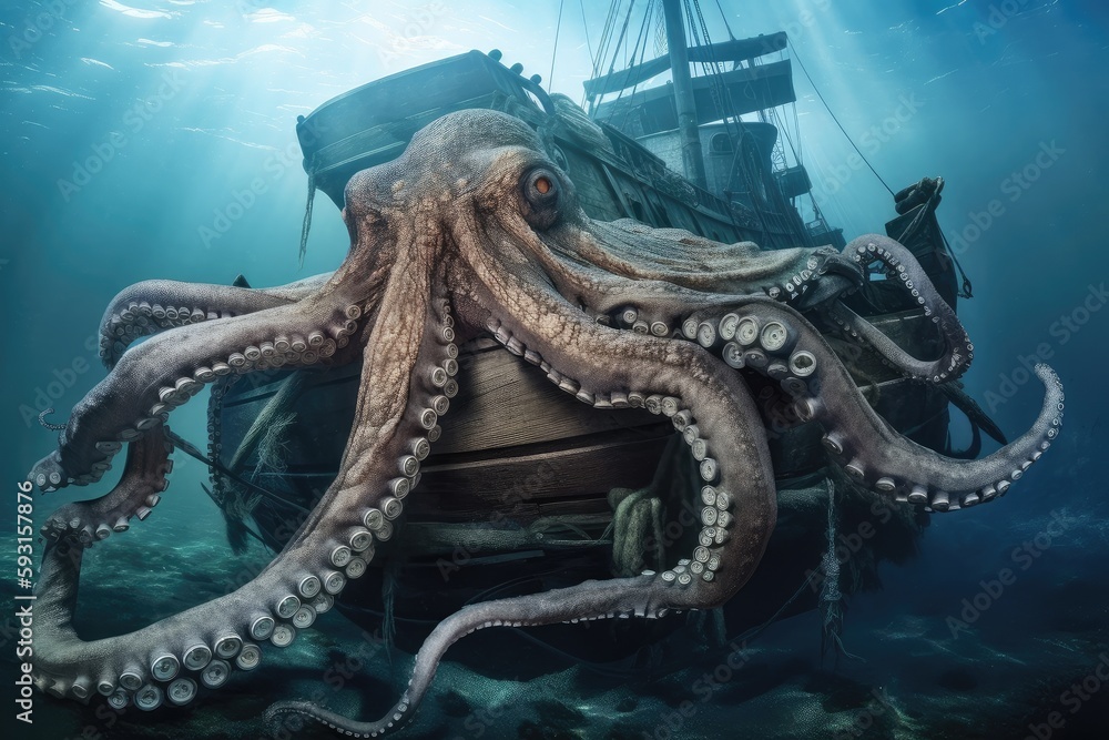 octopus kraken with tentacles wrapped around sunken ship, ready to claim its prey, created with ...
