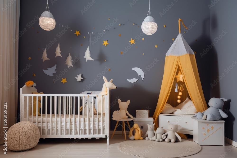 baby room with theme of stars and moon, including star mobile and plush ...